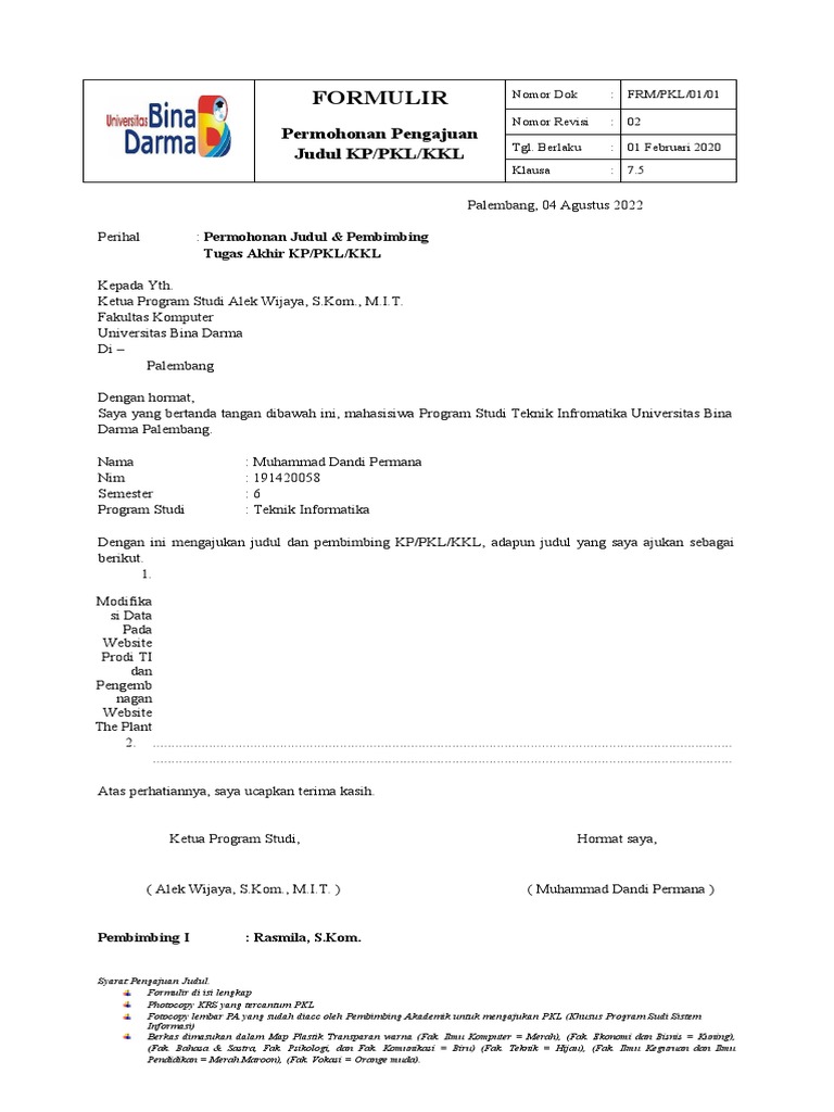 Formulir Pengajuan PKL | PDF