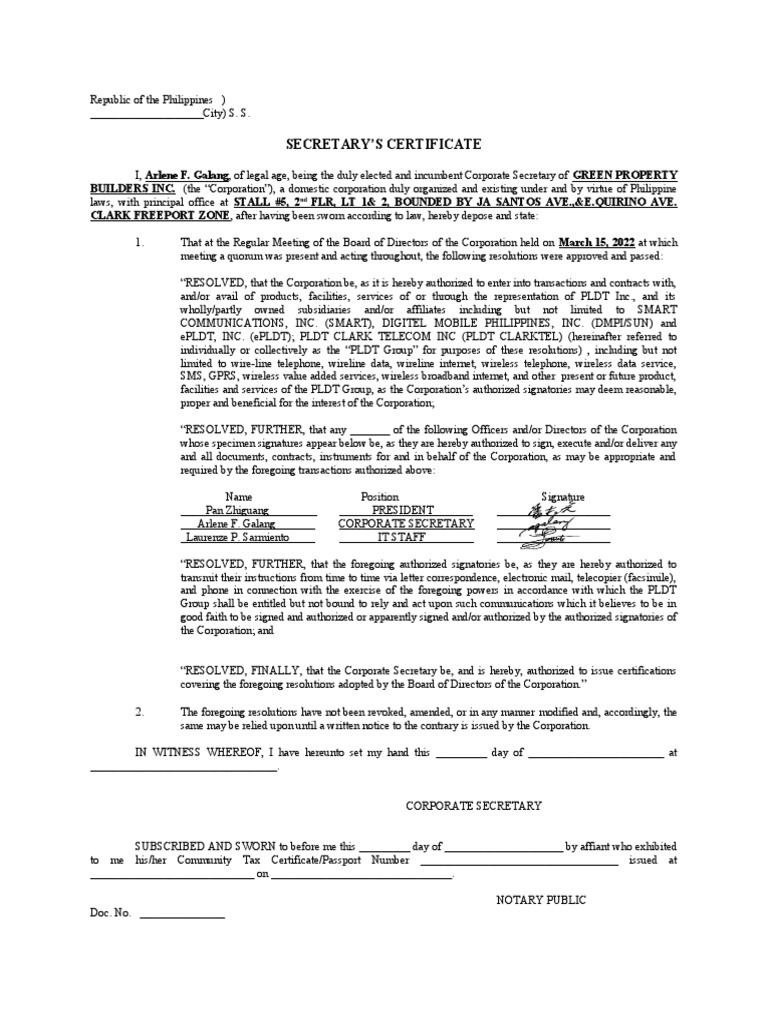 Corporate Secretary's Certificate for PLDT Transactions | PDF ...