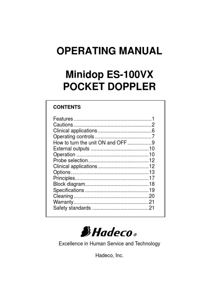 Operating Manual Minidop ES-100VX Pocket Doppler | PDF | Sterilization ...