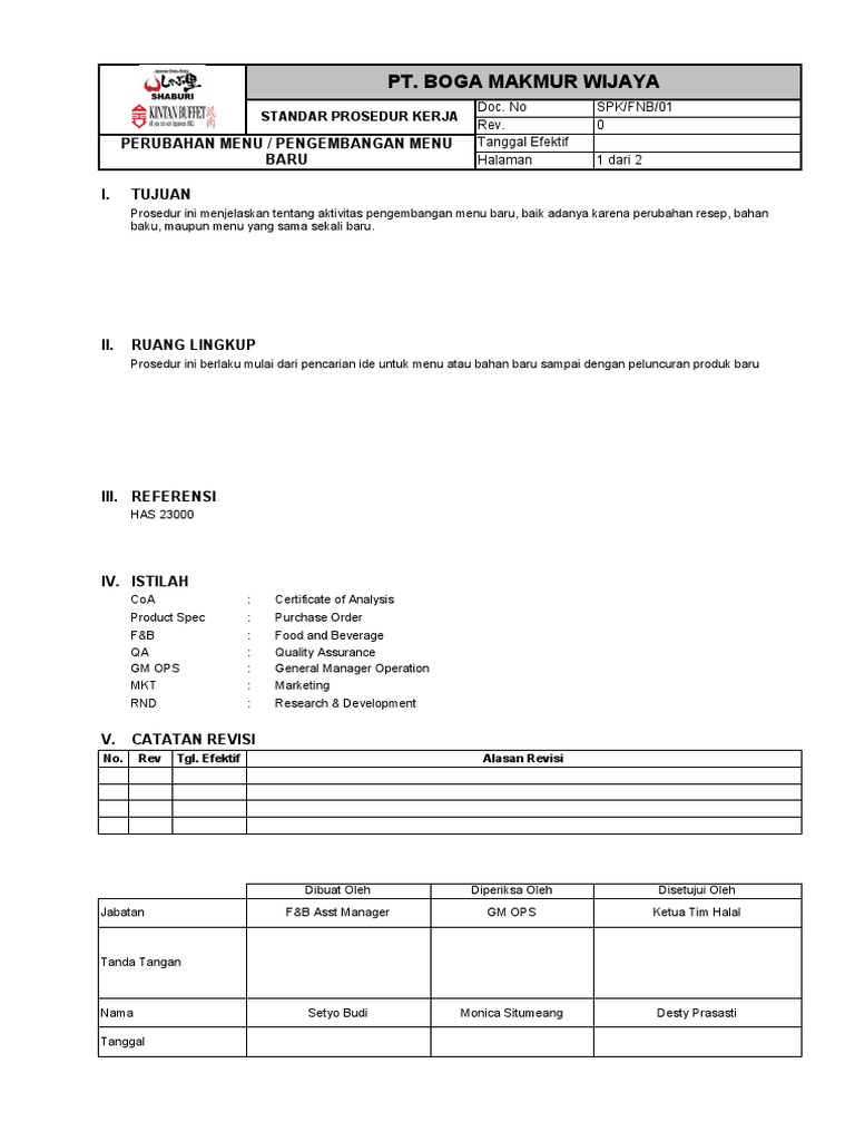 SPK FNB 01 - Perubahan Menu Pengembangan Menu Baru SHKT (Done Cek FB) | PDF