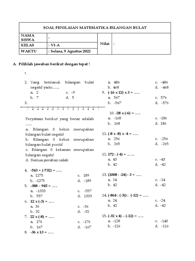 Soal Penilaian Matematika Bilangan Bulat | PDF