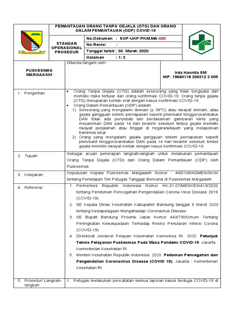SOP Pemantauan OTG Dan ODP Oleh Puskesmas | PDF