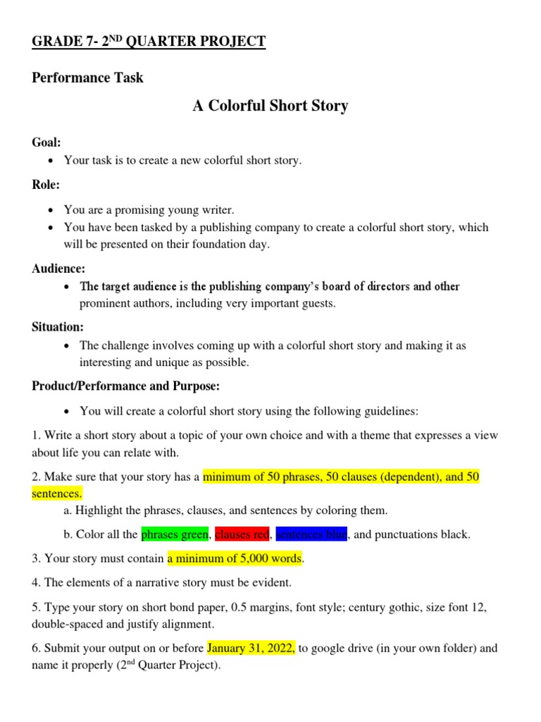 A Colorful Short Story: Grade 7-2 Quarter Project Performance Task ...