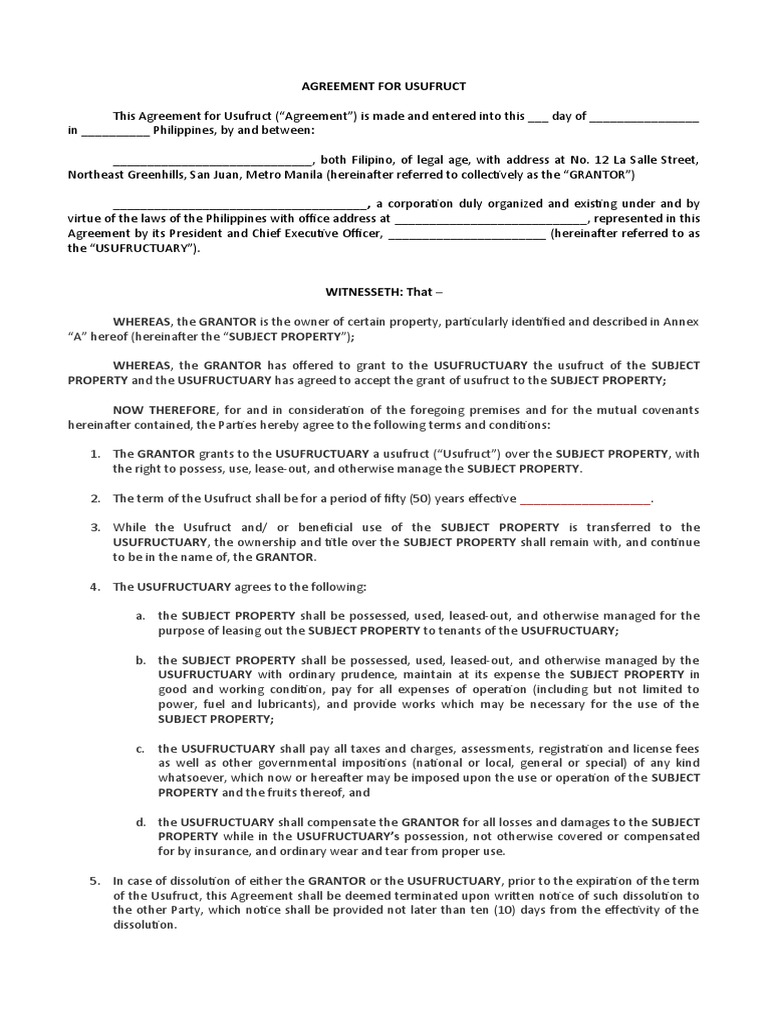 Usufruct Agreement Philippines | PDF | Lease | Property