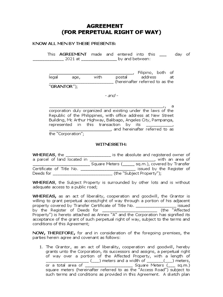 Agreement (For Perpetual Right of Way) | PDF | Deed | Covenant (Law)