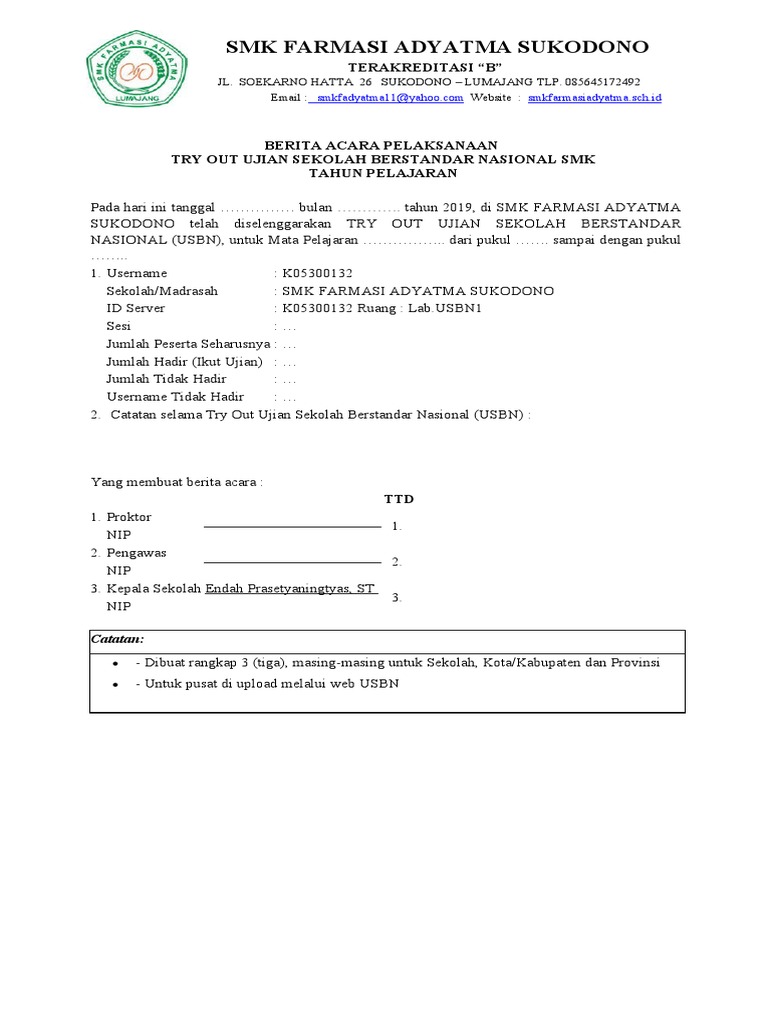 Berita Acara Pelaksanaan Try Out Usbn 2019 | PDF
