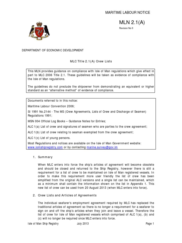 MLN 2.1 (A) : MLC Title 2.1 (A) Crew Lists | PDF | Sailor | Ships