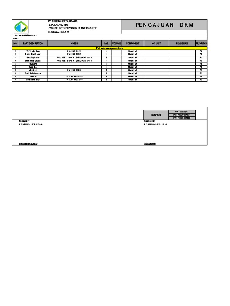 Contoh DKM (Daftar Kebutuhan Material) Untuk Exavator Sumitomo | PDF