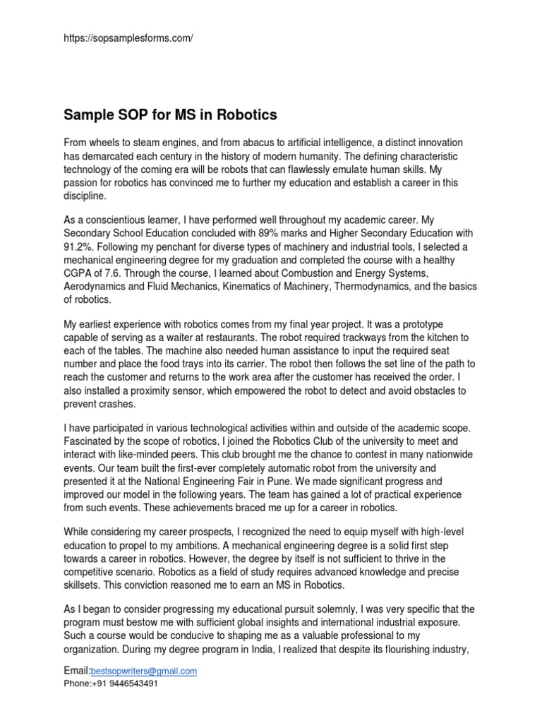 Sample SOP For MS in Robotics: Phone:+91 9446543491 | PDF | Cost Of ...
