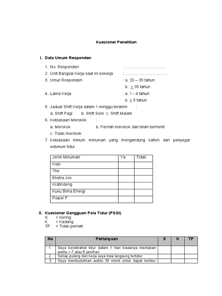 Kuesioner Kualitas Tidur Alvin Akbar Hidayat 2 | PDF