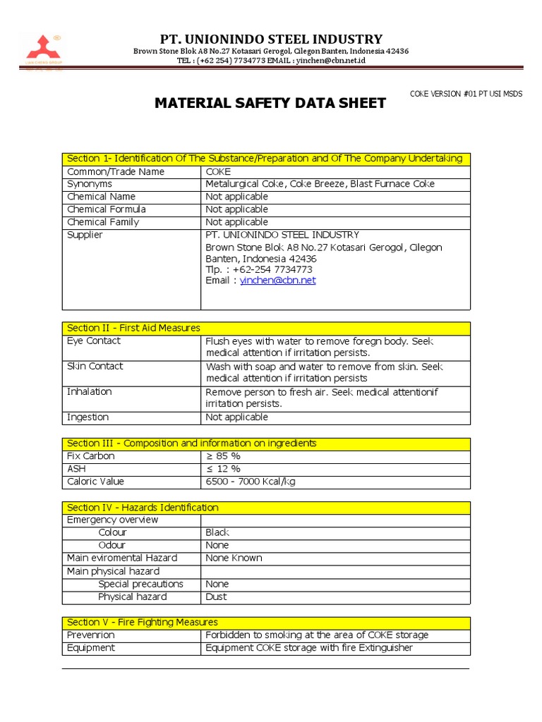 MSDS for Coke by PT Unionindo Steel | PDF | Coke (Fuel) | Occupational ...