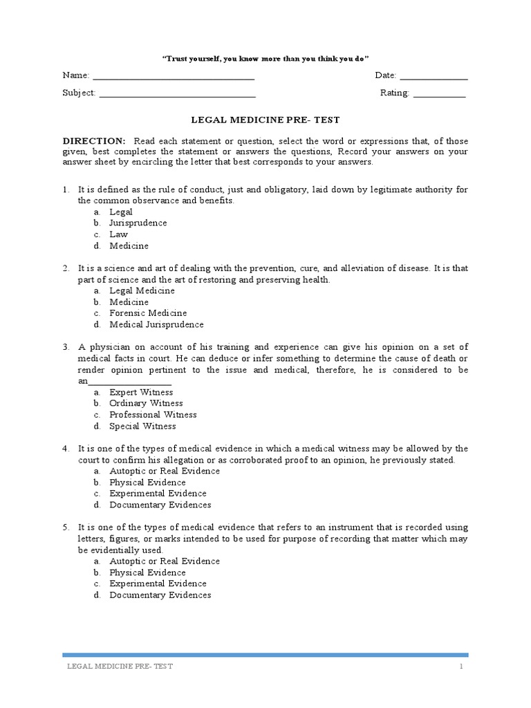 Legal Medicine Pre - Test | PDF | Medicine | Death