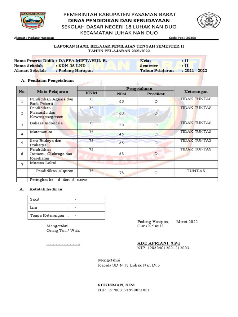 Format Rapor PTS 2021-2022 | PDF