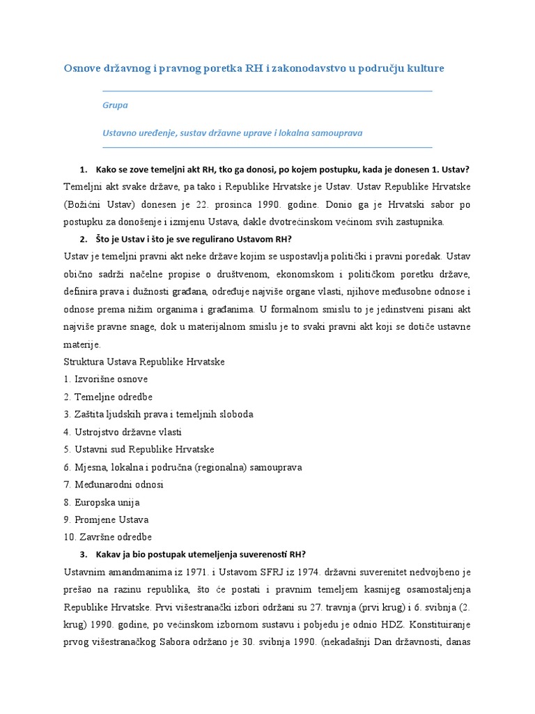 Osnove Državnog I Pravnog Poretka Republike Hrvatske I Zakonodavstvo U ...
