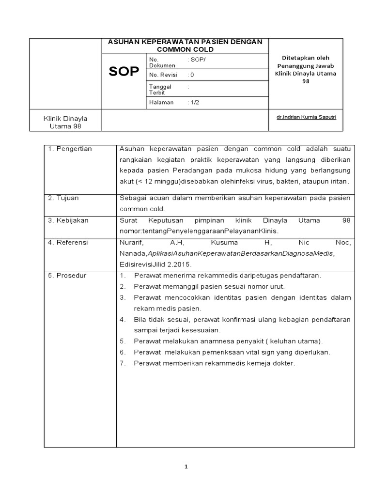 SOP Asuhan Keperawatan Common Cold | PDF
