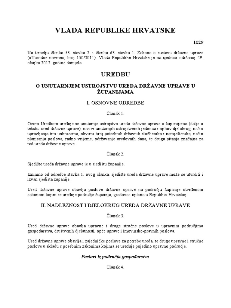 Uredba o Unutarnjem Ustrojstvu Ureda Državne Uprave U Županijama | PDF