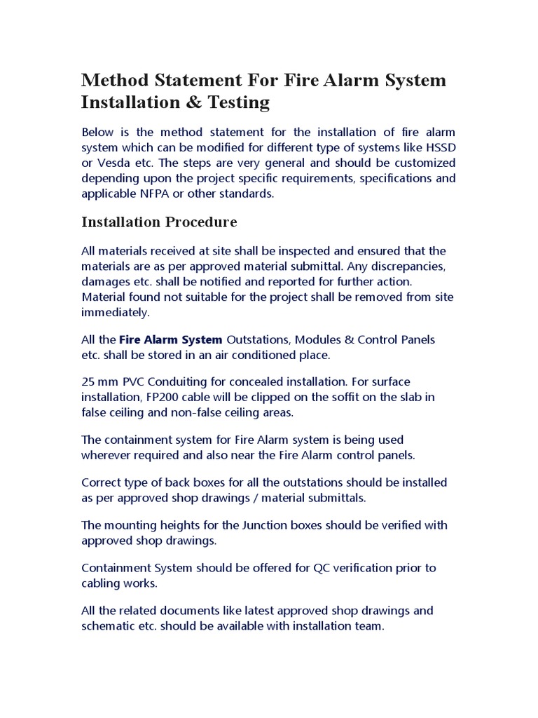 Method Statement For Fire Alarm System Installation | PDF | Battery ...
