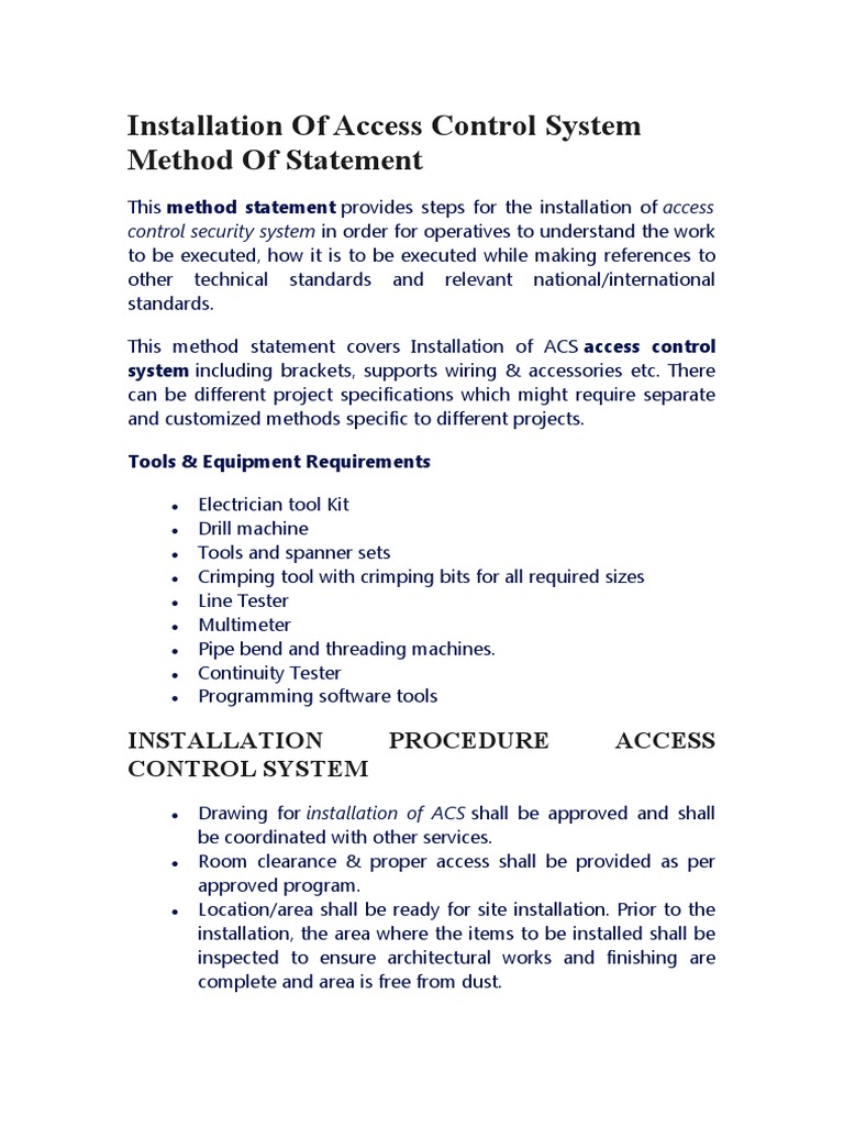 Installation of Access Control System Method of Statement | PDF ...