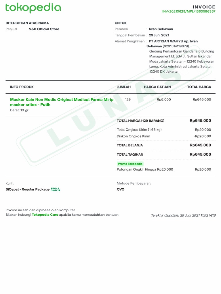Invoice Tokped LUNAS | PDF