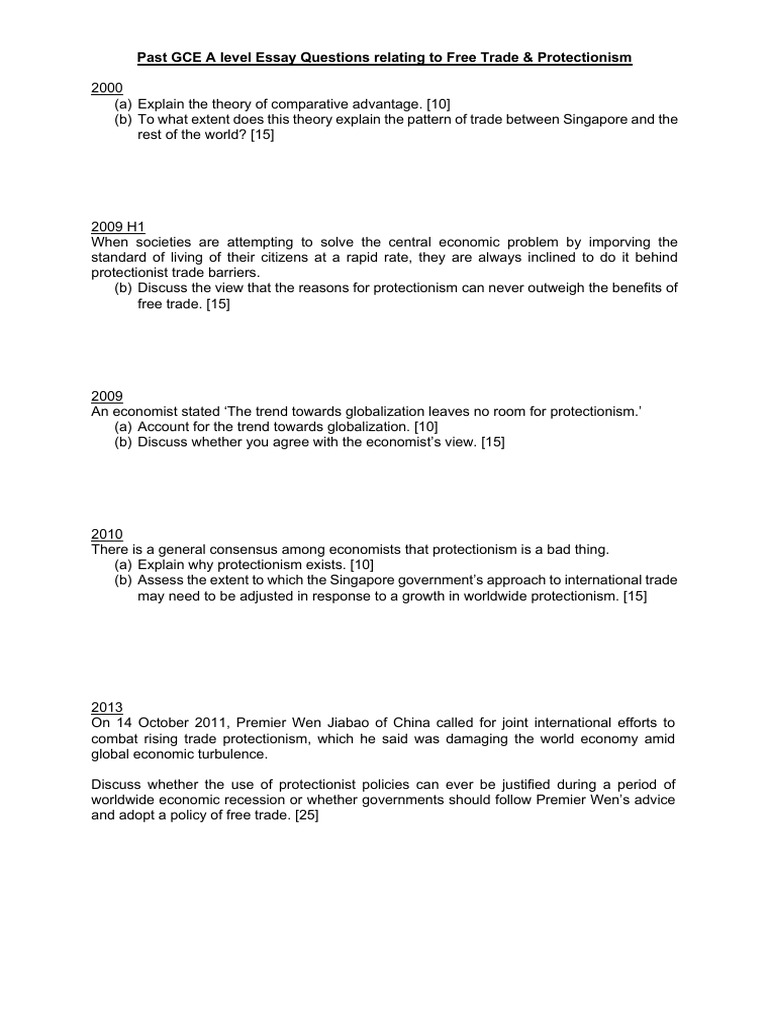 Past GCE A Level Essay Questions Relating To Free Trade | PDF ...