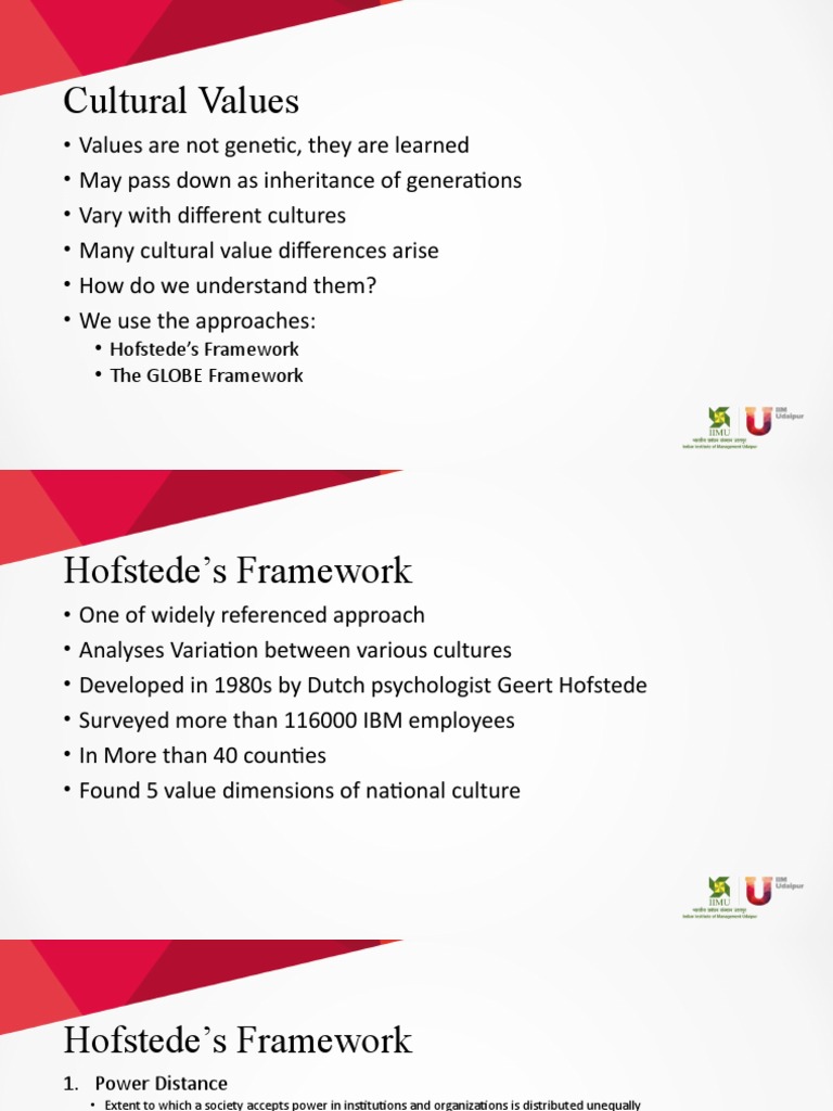 Cultural Values: - Hofstede's Framework - The GLOBE Framework | PDF ...
