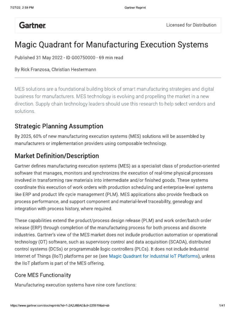 Magic Quadrant For MES | PDF