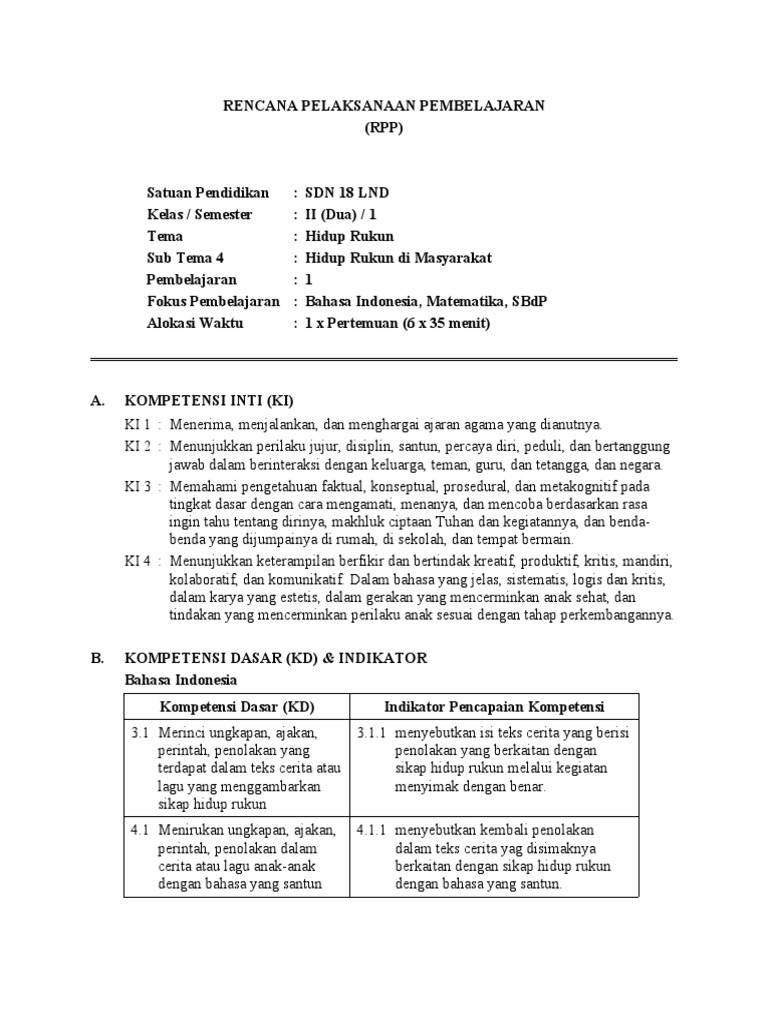 RPP SD KELAS 2 TEMA 1 - Hidup Rukun | PDF