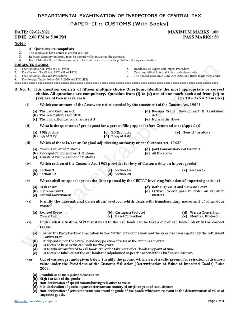 Paper-Ii CUSTOMS (With Books: Departmental Examination of Inspectors of ...