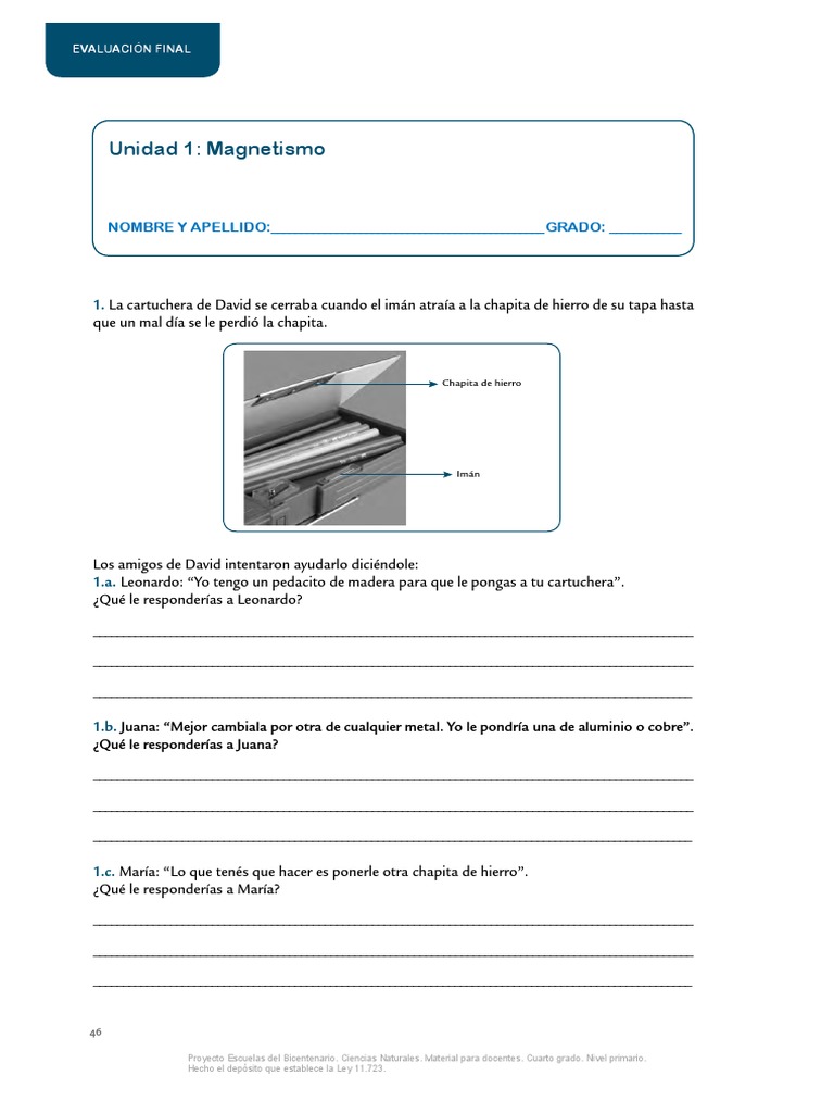 Hojas De Trabajo Sobre Magnetismo, Cuarto Grado Hojas De Ejercicios