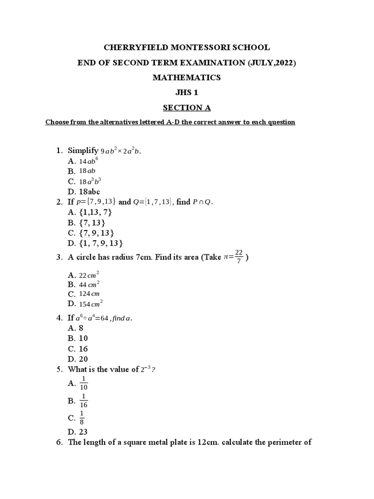 Cherryfield Montessori School End of Second Term Examination (July ...