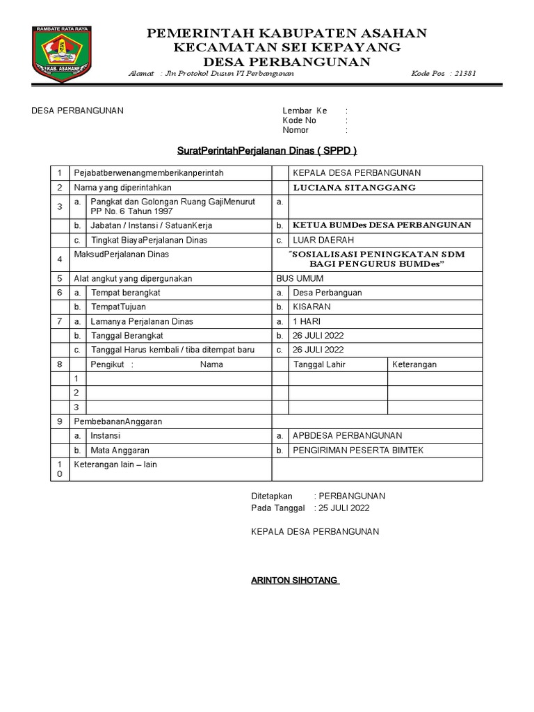 SPPD Dan SPT Perikanan Desa Sei Paham | PDF