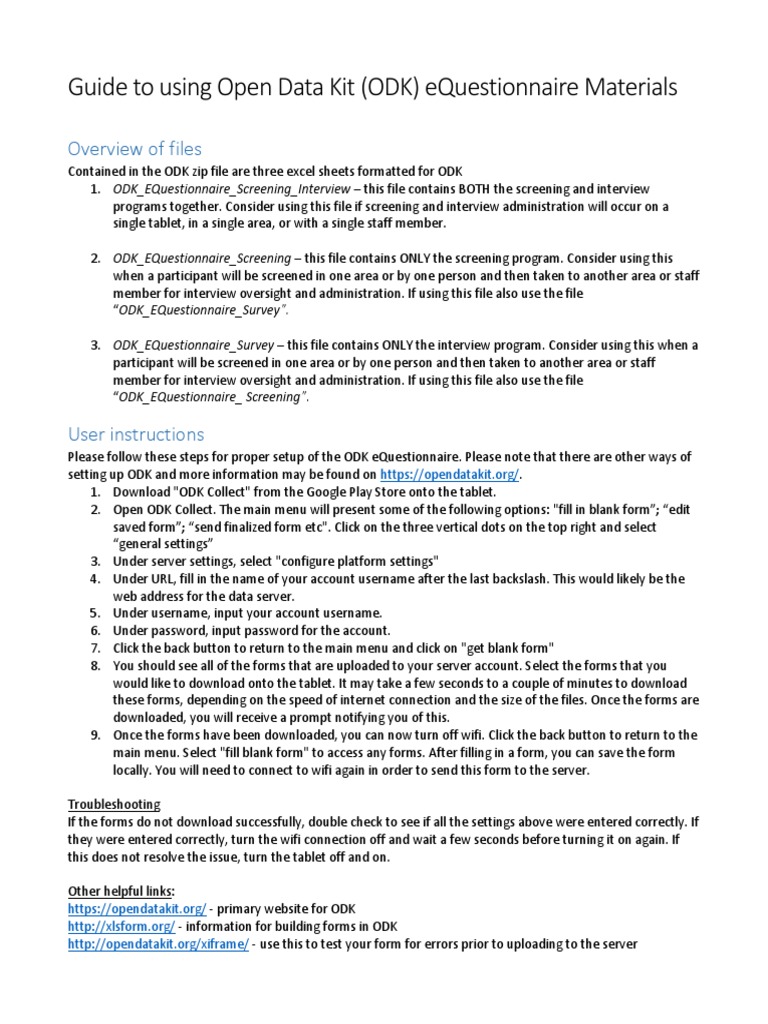 Guide To Using Open Data Kit (Odk) Equestionnaire Materials: Overview ...