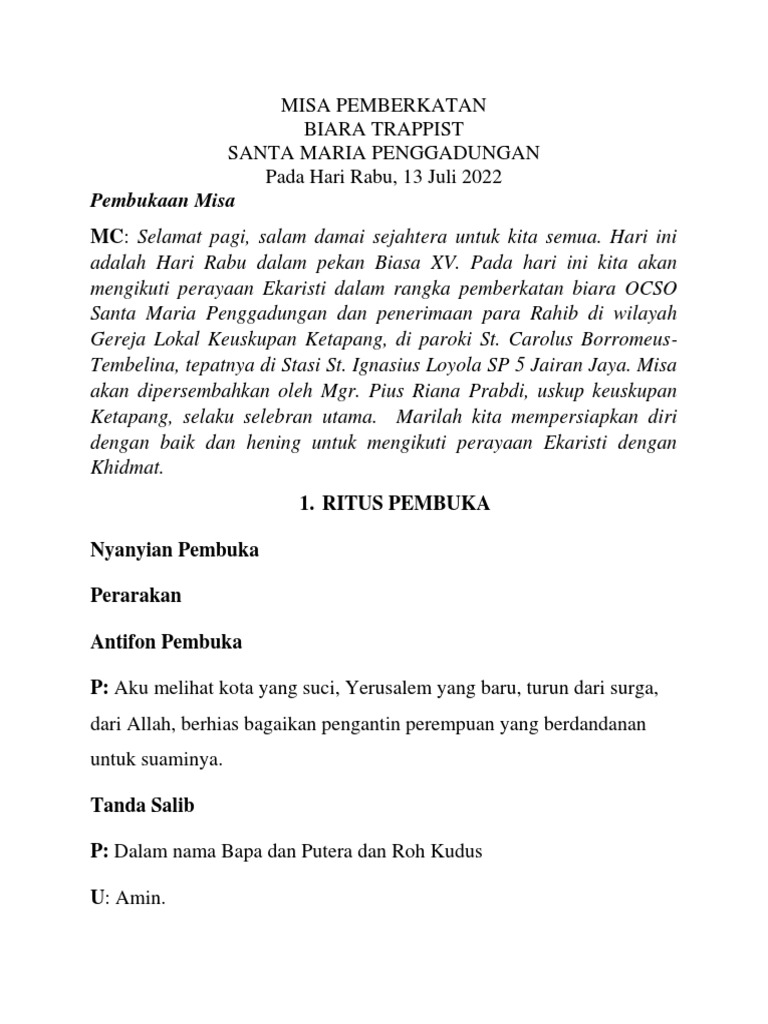 Teks Misa Pemberkatan Biara Ocso-Penggadungan | PDF