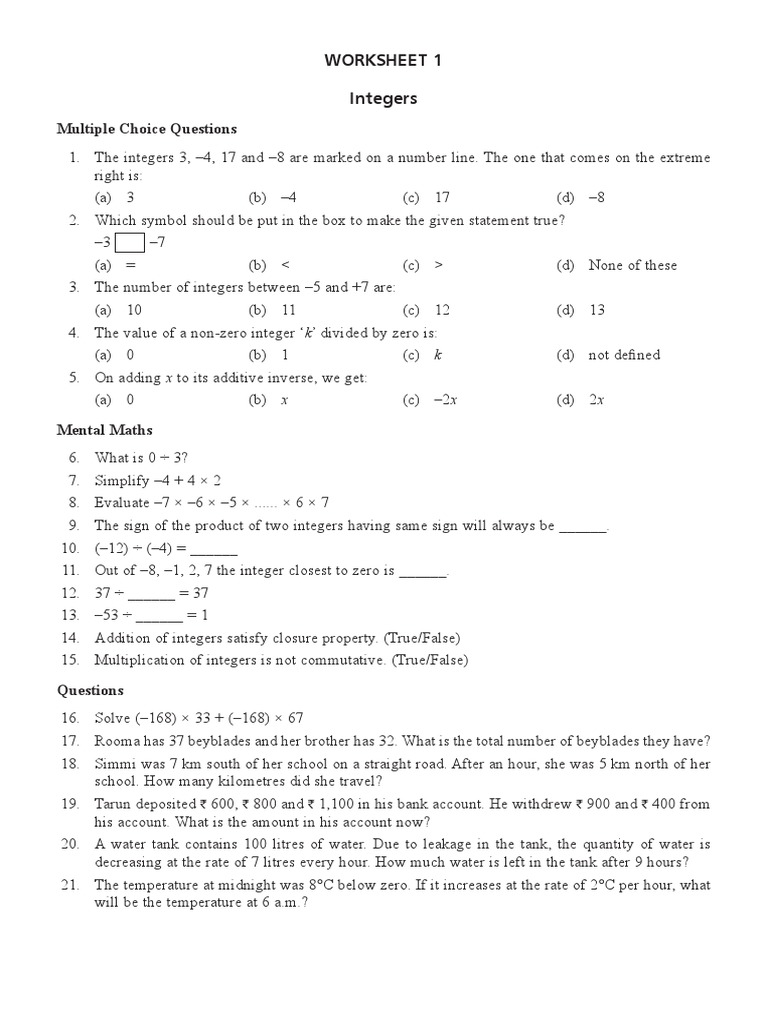Multiple Choice Questions: Worksheet 1 Integers | PDF | Integer ...