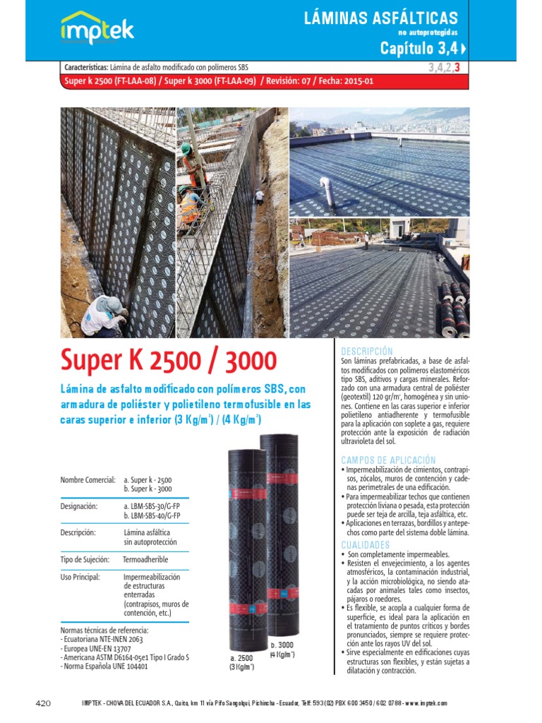 Manto Asfaltico Sbs Super K 2500 3000 Imptek | PDF | Ingeniería de Edificación | Química