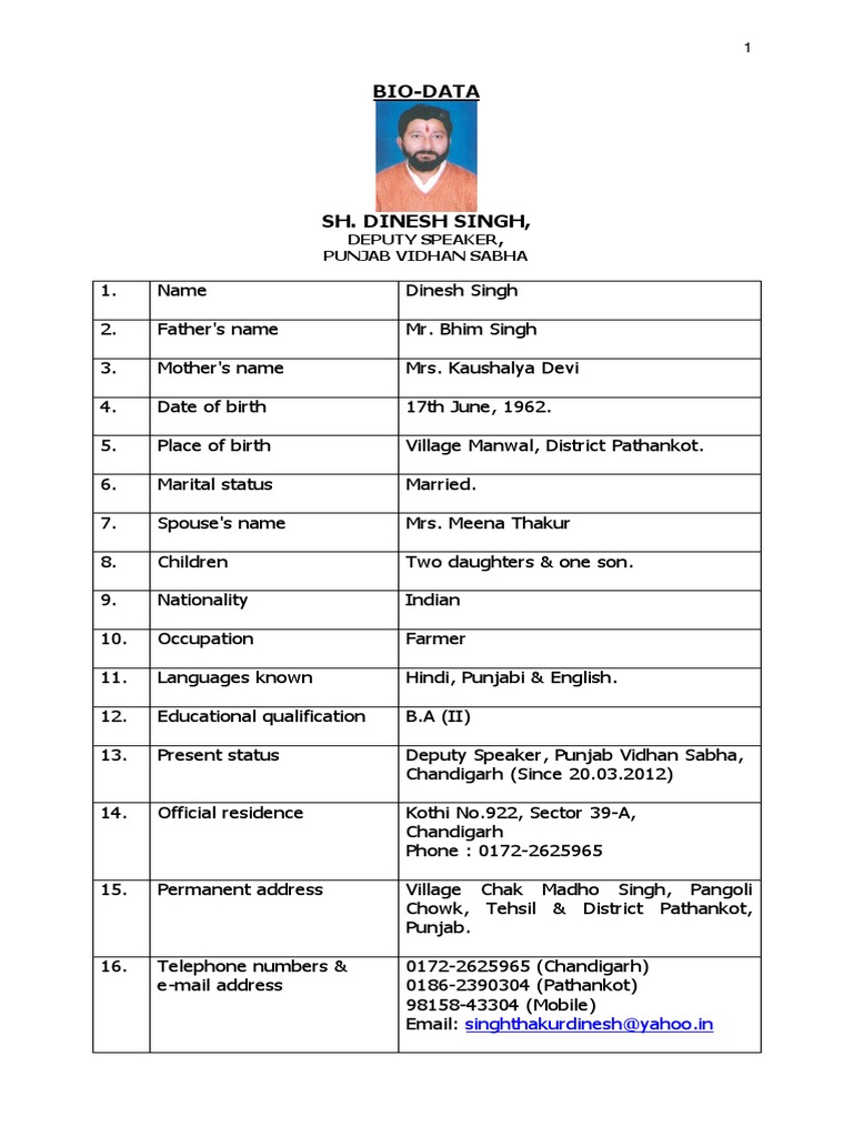 Bio-Data: Deputy Speaker, Punjab Vidhan Sabha | PDF | Punjab | Politics ...