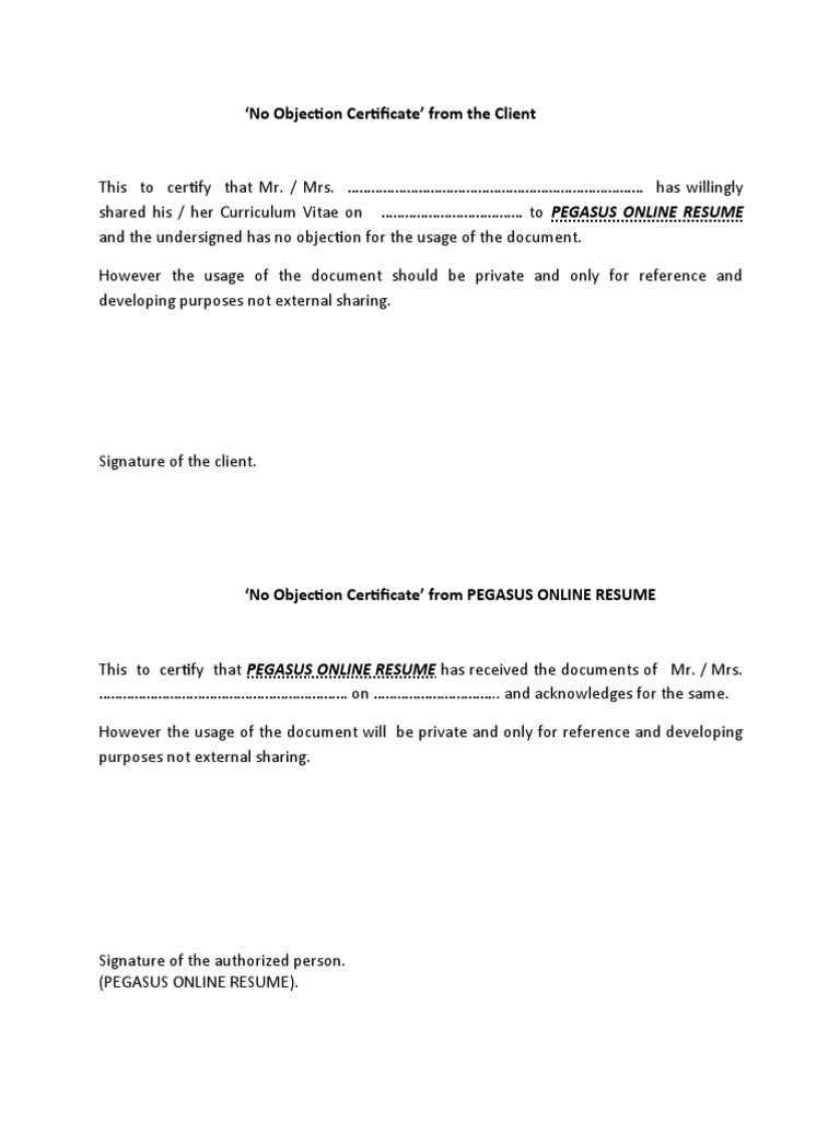 No Objection Certificate Template | PDF