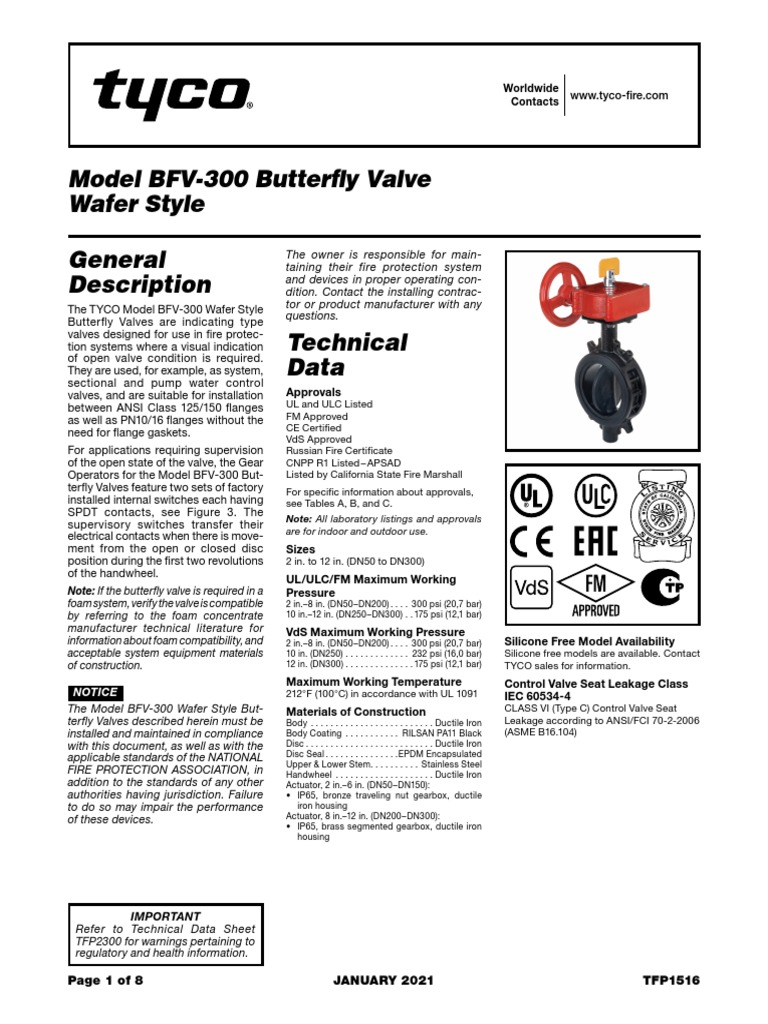 Model BFV-300 Butterfly Valve Wafer Style General Description Technical Data | PDF | Valve ...