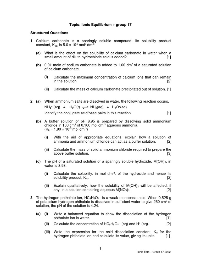 Ionic Equilibria + Group 17 Questions | PDF | Ph | Acid