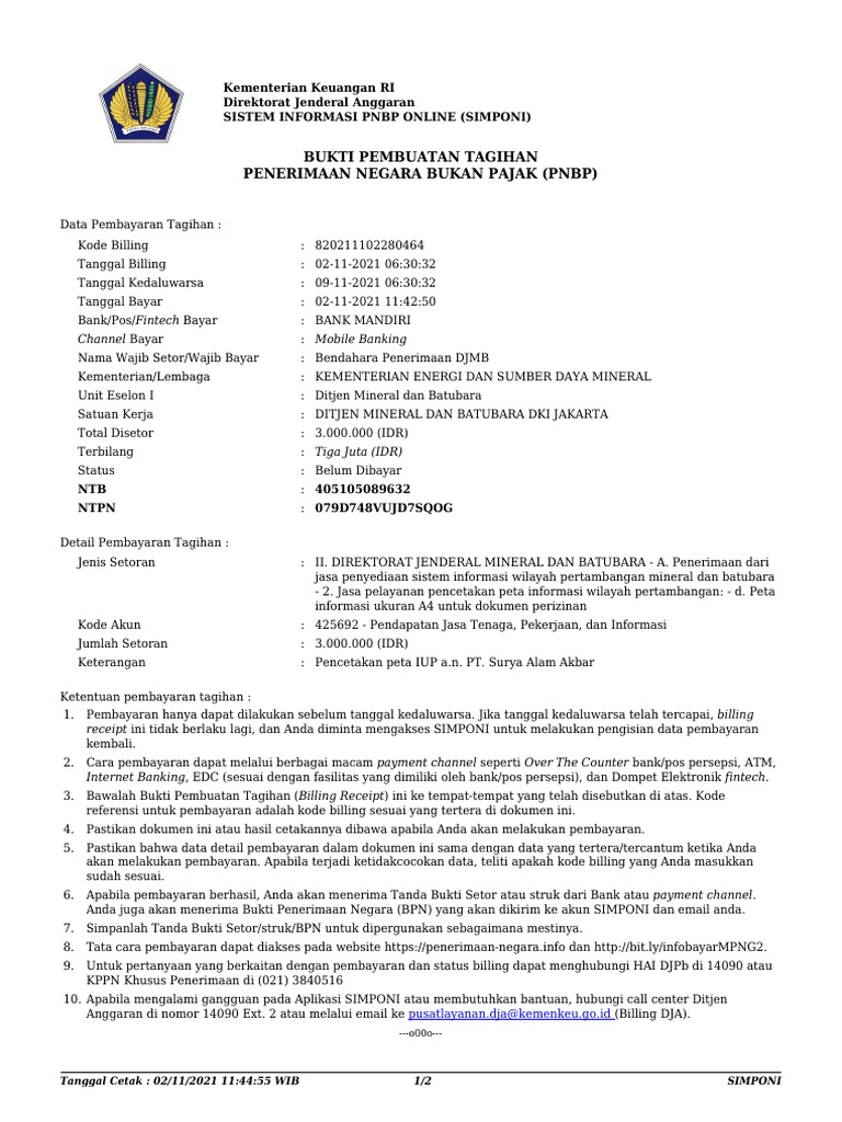 Bukti Pembuatan Tagihan Penerimaan Negara Bukan Pajak (PNBP) | PDF