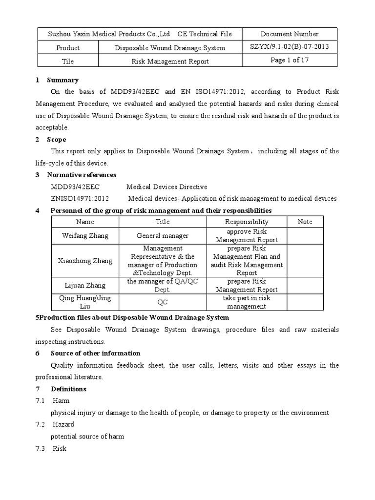 Risk Management Report | PDF | Medical Device | Risk Management