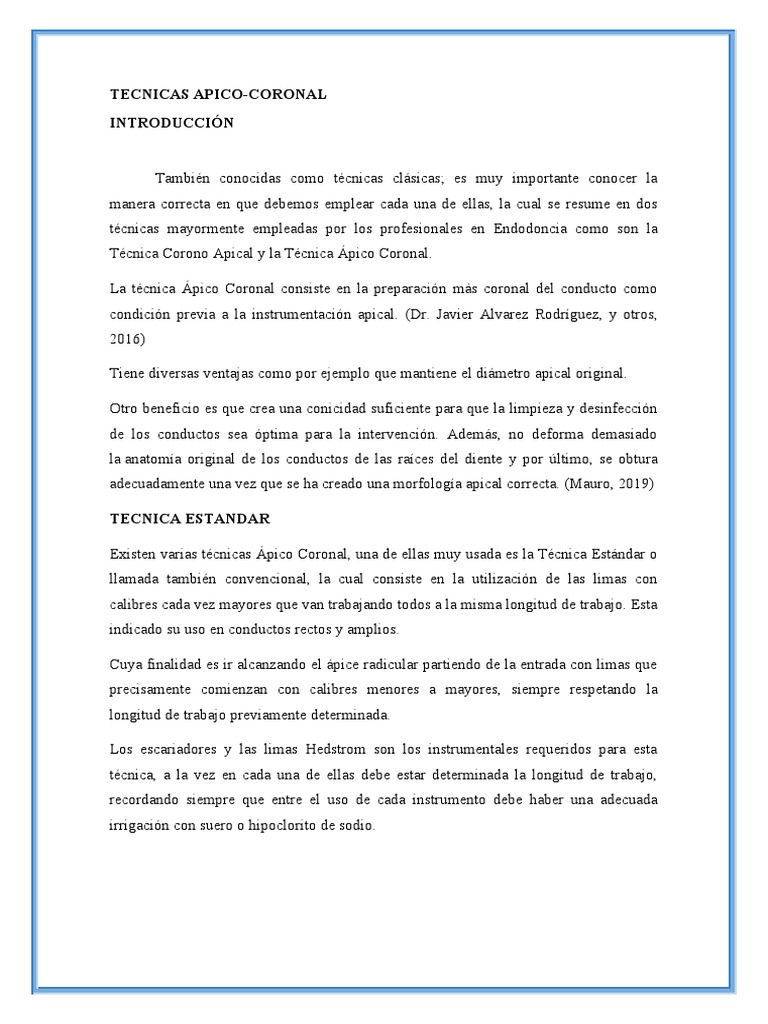 Tecnicas Apico Coronal | PDF | Ramas de Odontología