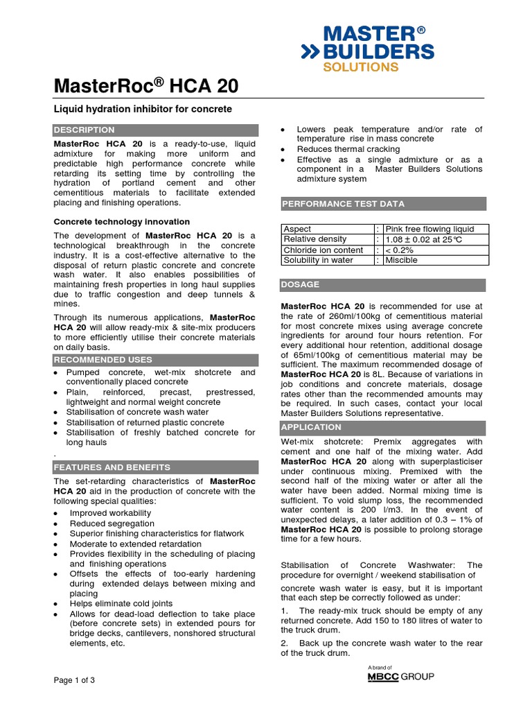 Masterroc Hca 20: Liquid Hydration Inhibitor For Concrete | PDF ...