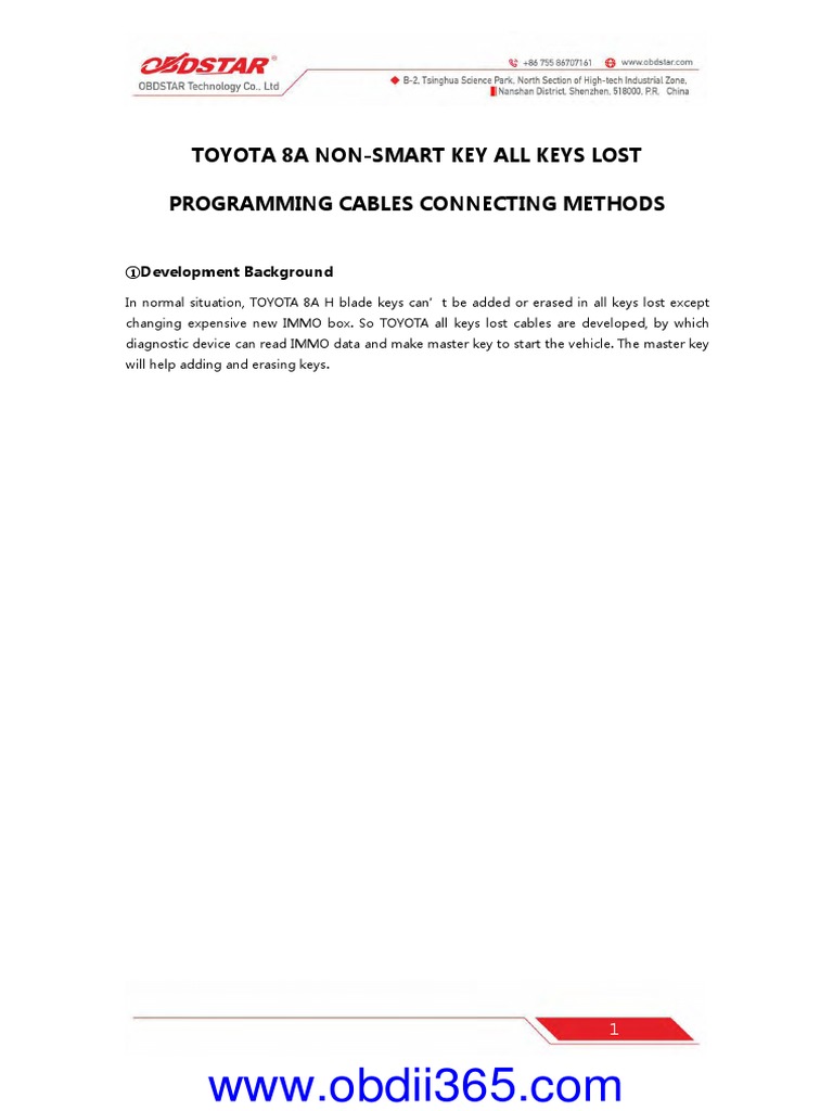 Toyota 8a Non-Smart Key All Keys Lost Programming Cables Connecting ...