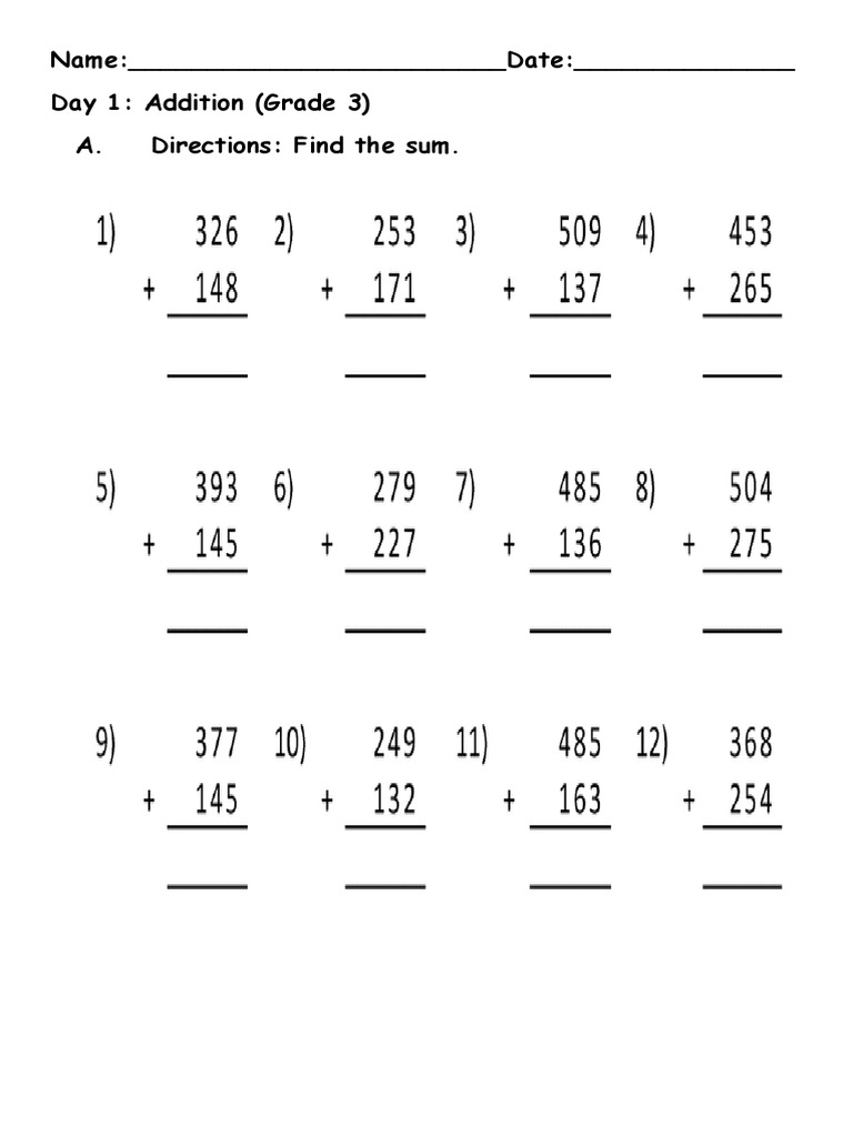 Name: - Date: - Day 1: Addition (Grade 3) A. Directions: Find The Sum ...