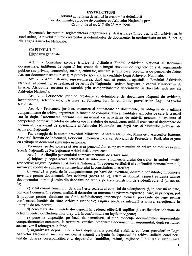 Instructiuni Privind Activitatea de Arhiva - Ordinul de Zi Nr. 217 Din ...