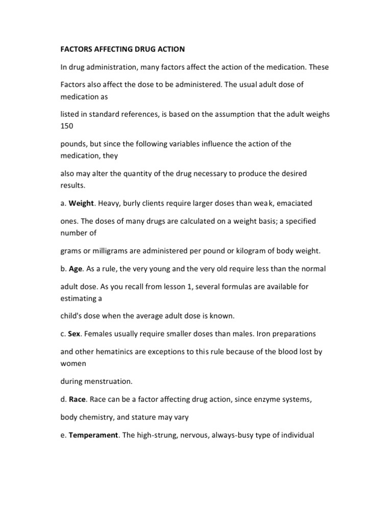 Factors Affecting Drug Action | PDF | Dose (Biochemistry) | Chemistry