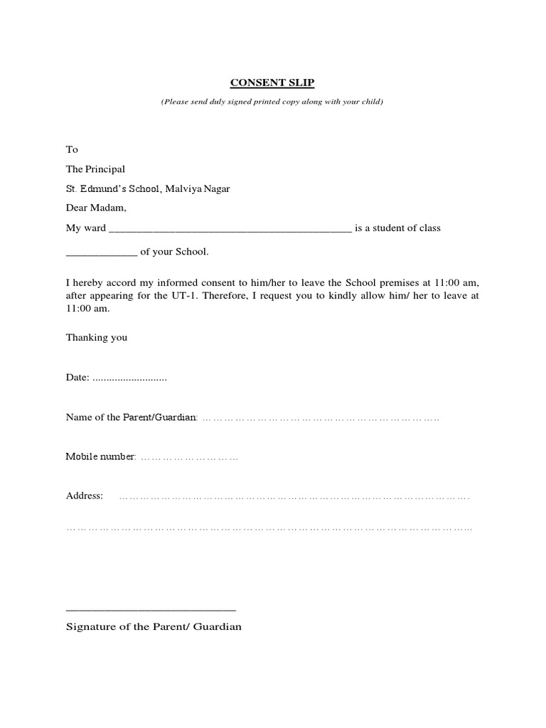 Consent Slip: (Please Send Duly Signed Printed Copy Along With Your ...