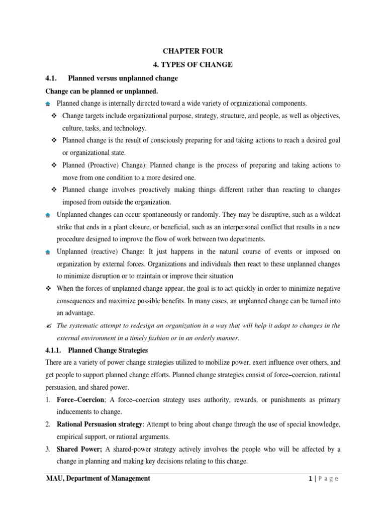 Chapter Four 4. Types of Change 4.1. Planned Versus Unplanned Change ...