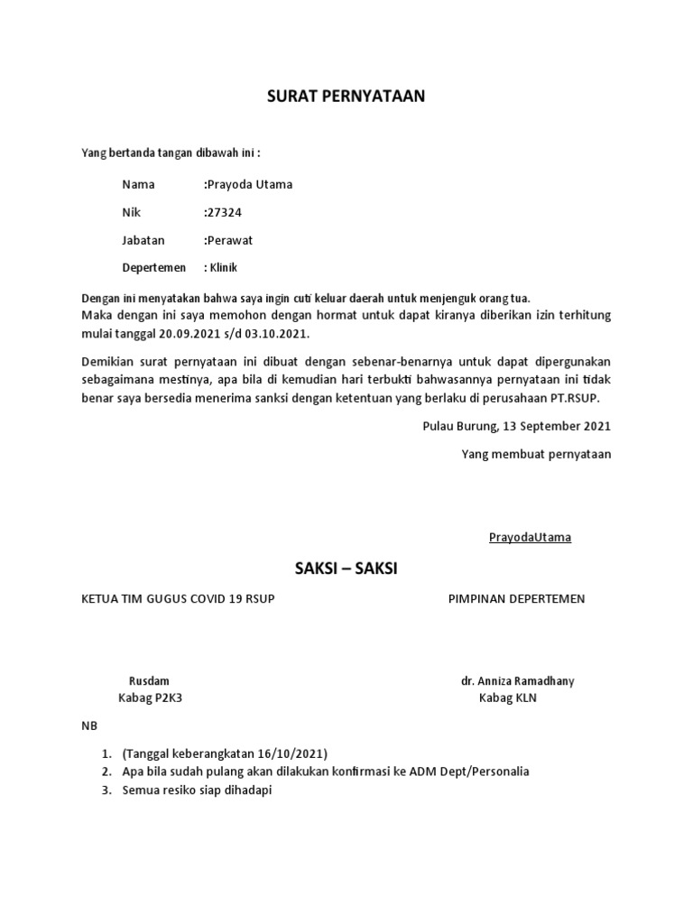 SURAT PERNYATAAN Cuti | PDF
